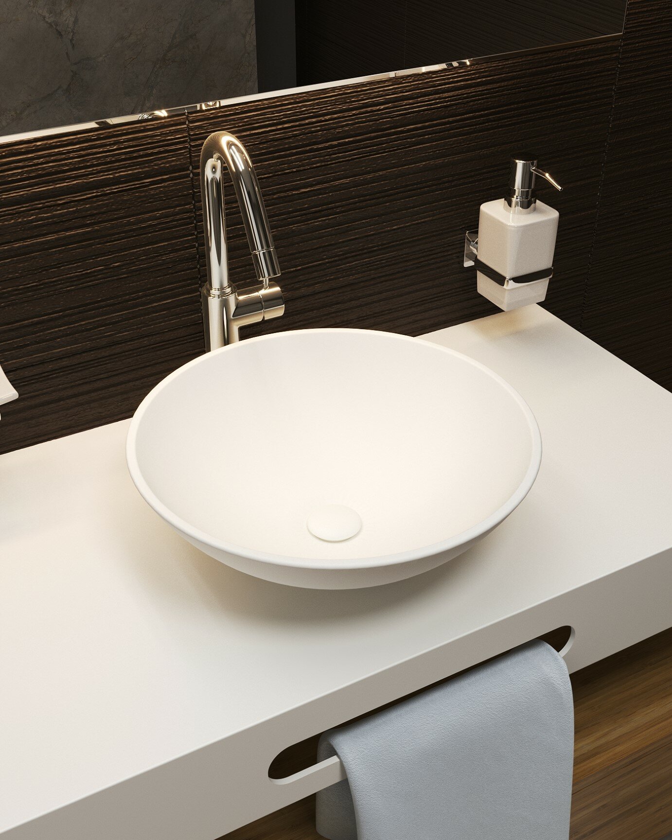 Раковина в ванную накладная Radostone Sfera Solid Surface белый лед матовая круглая 405х405х135 мм