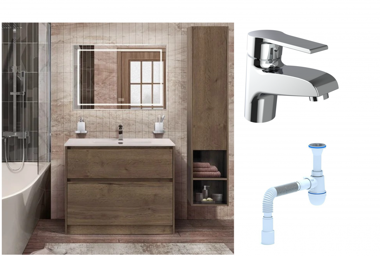 Комплект: Мебель для ванной BelBagno Kraft 100 + Смеситель Agger Right A2902100 для раковины, хром + Сифон АниПласт 533340 + SNPA2902100 + C2015xrv