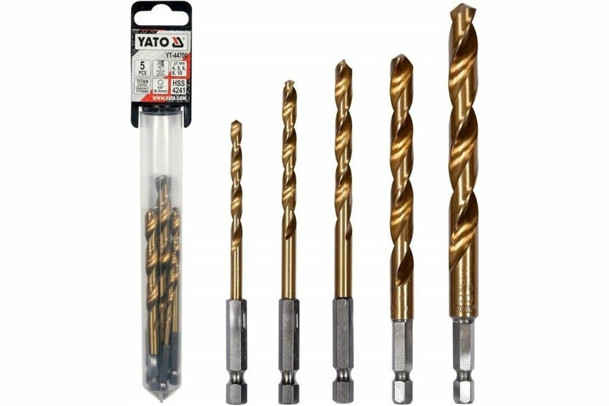 YATO Набор сверл по металлу хвостовик 1/4 HEX титановое покрытие 4-10 мм 5 шт YT-44700