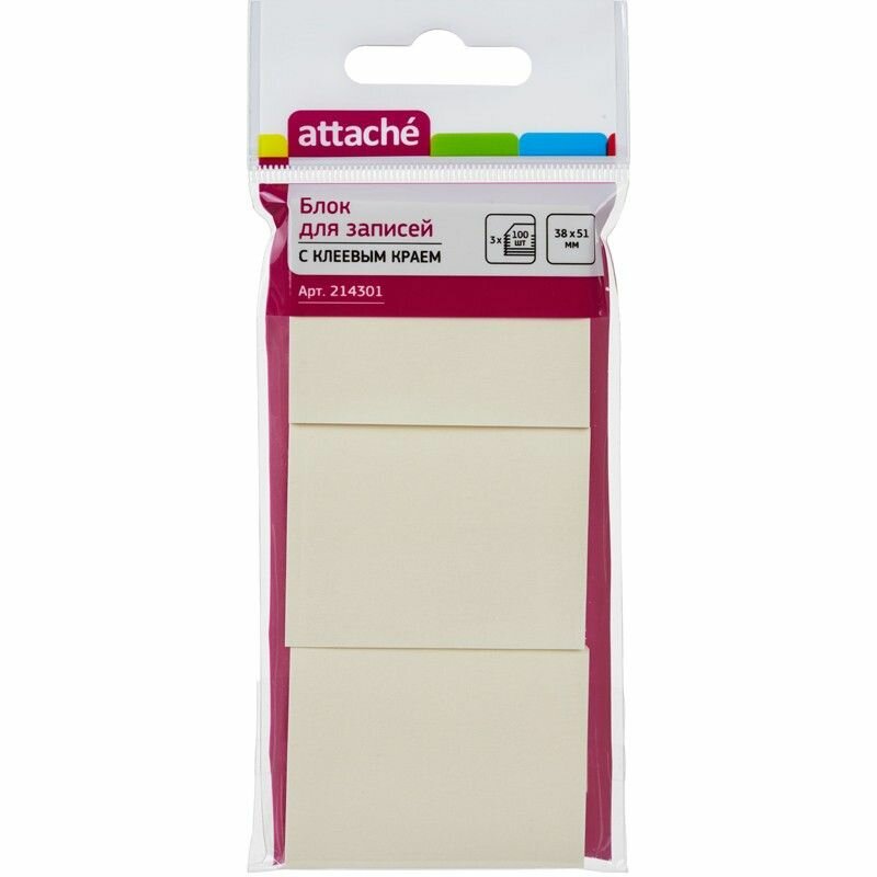 Блок СамоклеящийсяATTACHE, 38х51, 3шт/уп, 100л, желтый