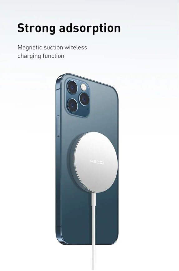Беспроводная магнитная зарядка Recci Magnetic Wireless RCW-11, Qi15W для iPhone 12-17 series, Серебристый