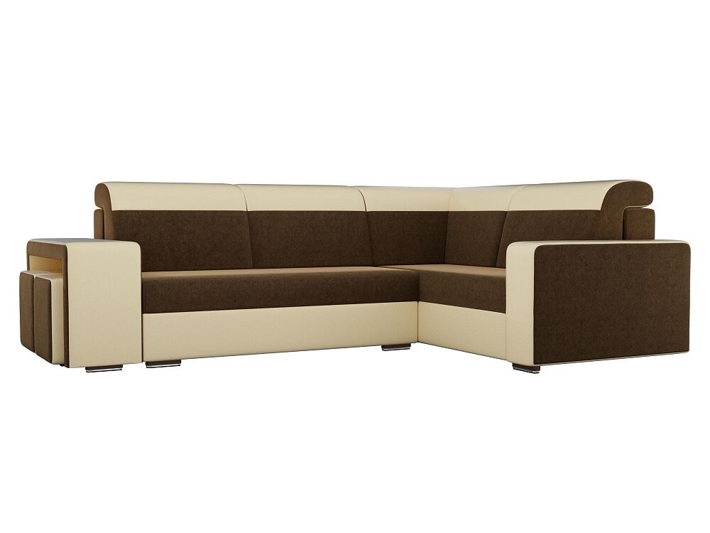 Угловой диван Мустанг с двумя пуфами Коричнево-Бежевый Экокожа Вельвет, еврокнижка, 275х210х93 см, с ящиком для белья