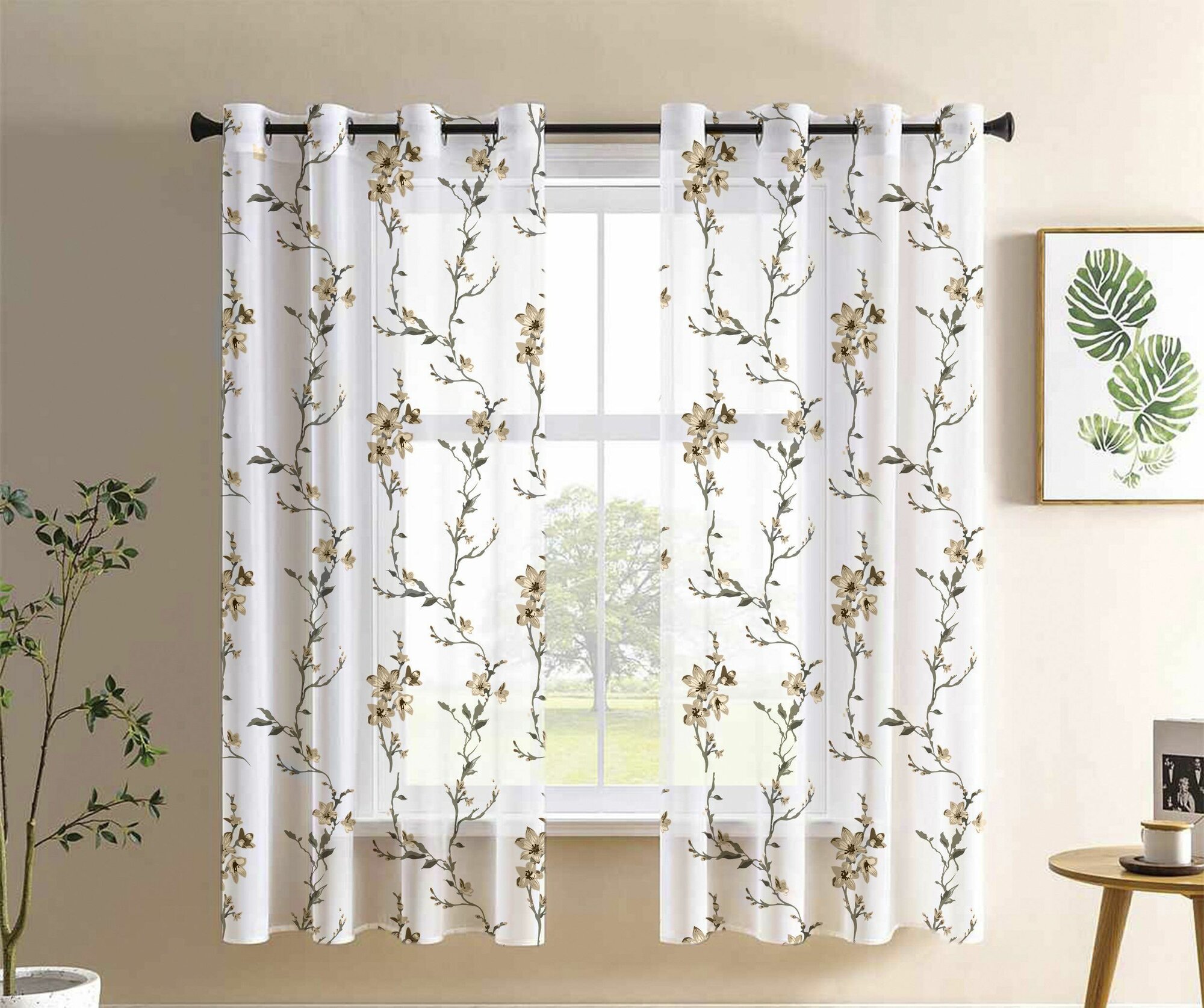 Тюль для кухни на люверсах с рисунком "Цветы" выс. 180 см арт ТУ-КОР-Л-САК-2 цвет бежевый