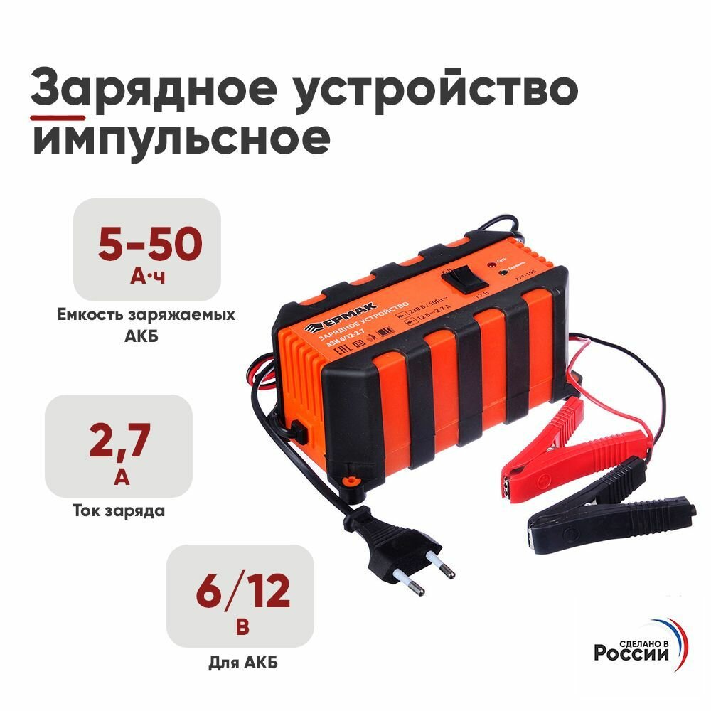 Зарядное устройство Ермак, для аккумуляторов, автоматическое отключение, металл, пластик