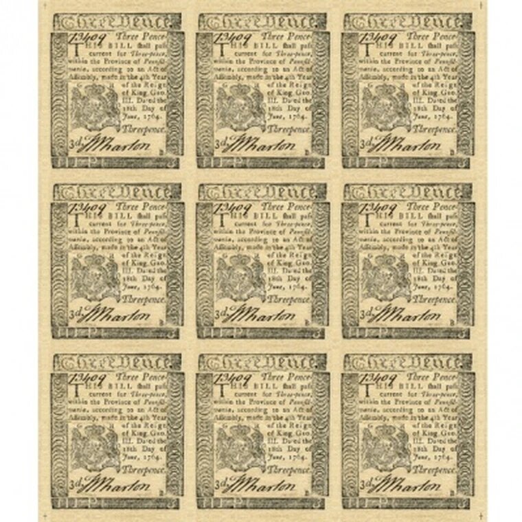 Боны Британской колонии в Америке 3 пенса 1764, сувенирная копия сцепки, банкноты и купюры редкие коллекционные