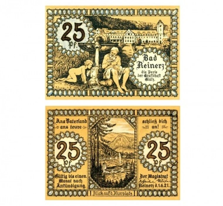 Нотгельд 25 пфеннигов 1921 Германия, Рейнерц, вид 2, сувенирная копия, банкноты и купюры редкие коллекционные