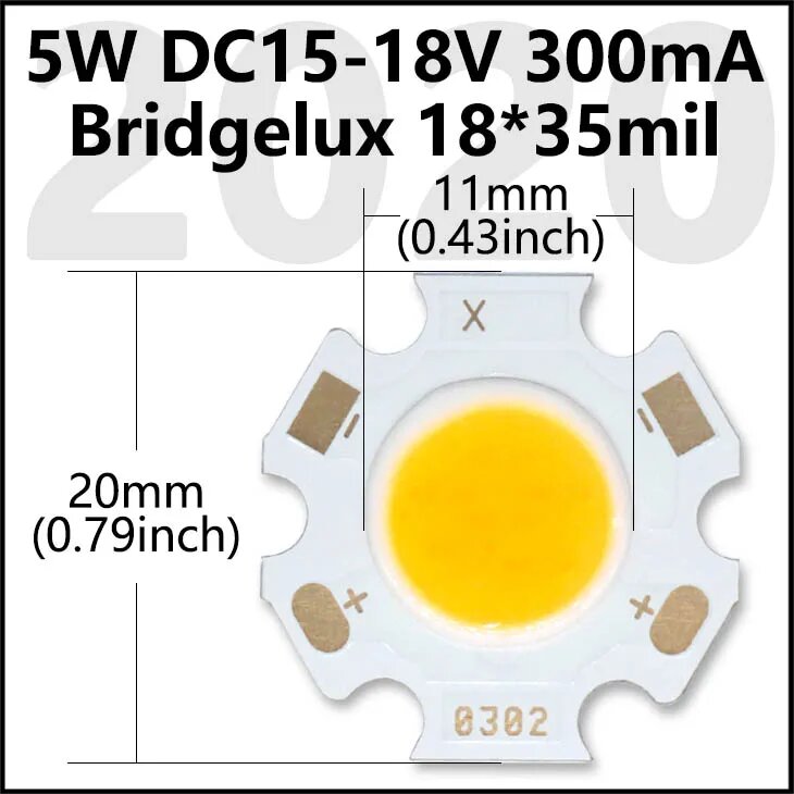 Bridgelux COB светодиодный чип 3Вт-40Вт для светильников 2020 5W DC15-18V, Warm White