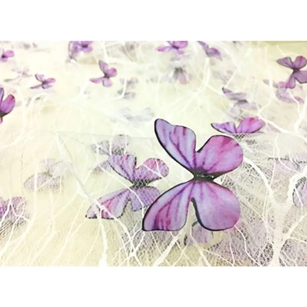Прозрачная сетчатая ткань с узором бабочек для декора Сиреневый, White purple
