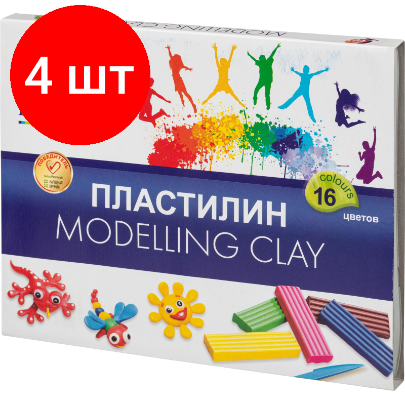 Комплект 4 упаковок, Пластилин классический Луч Классика 16 цв 320 г со стеком, 20С 1329-08