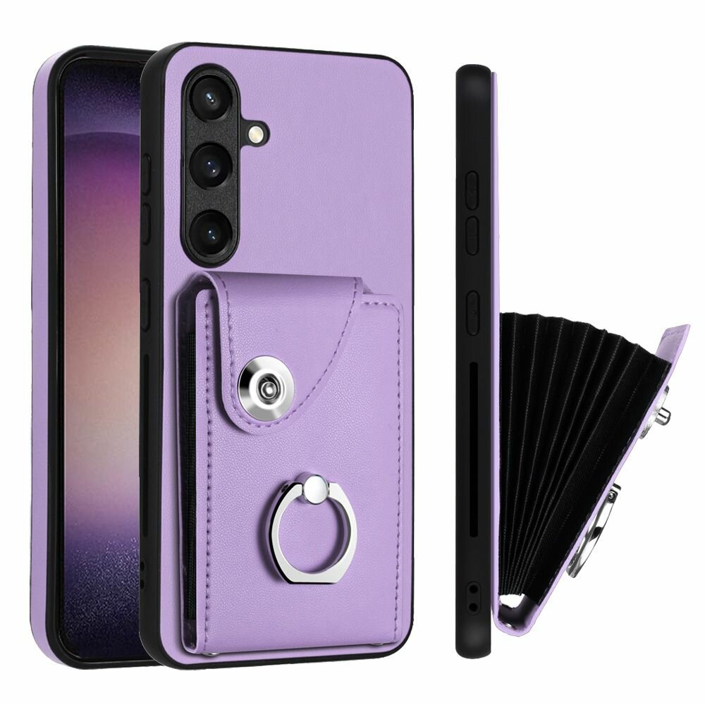 Кожаный чехол для Samsung Galaxy S25 Plus / S25+ (Самсунг s25 plus, Самсунг галакси с25 плюс, с25+) с кнопкой, бумажником, визитницей и коротким ремешком