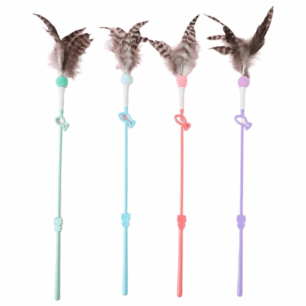 Игрушки для домашних животных, Забавная волшебная палочка для кошек с перьями - маленькая рыбка, цвета в ассортименте, 4шт