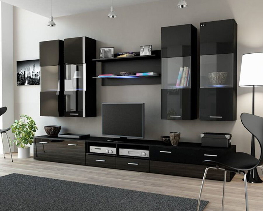 Гостиная Дрим МДФ (черная) / Черный 0190 NEW 300x45x180 см, Фиеста