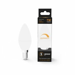 4шт. Gauss Лампа Свеча 7W 560lm 3000К Е14 диммируемая LED 103101107-D, 103101107-D