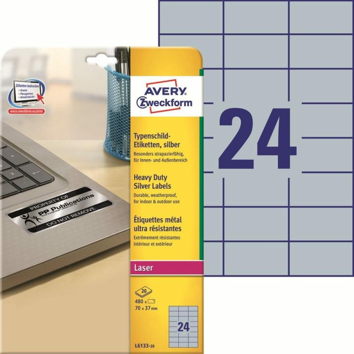 Этикетки самоклеящиеся Avery Zweckform для инвентаризации (70х37мм, 24шт. на листе А4, 20 листов) серебристые (L6133-20)