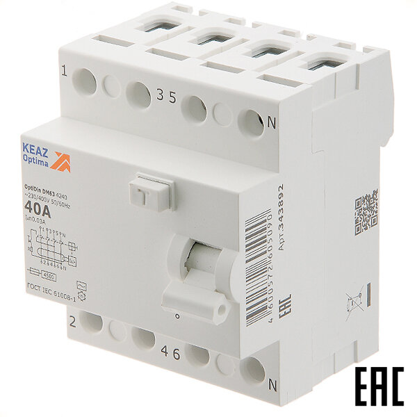 УЗО OptiDin DM63-4263 тип АС 63А-30мА 400В 3P+N 4,5кА 343893КЭАЗ