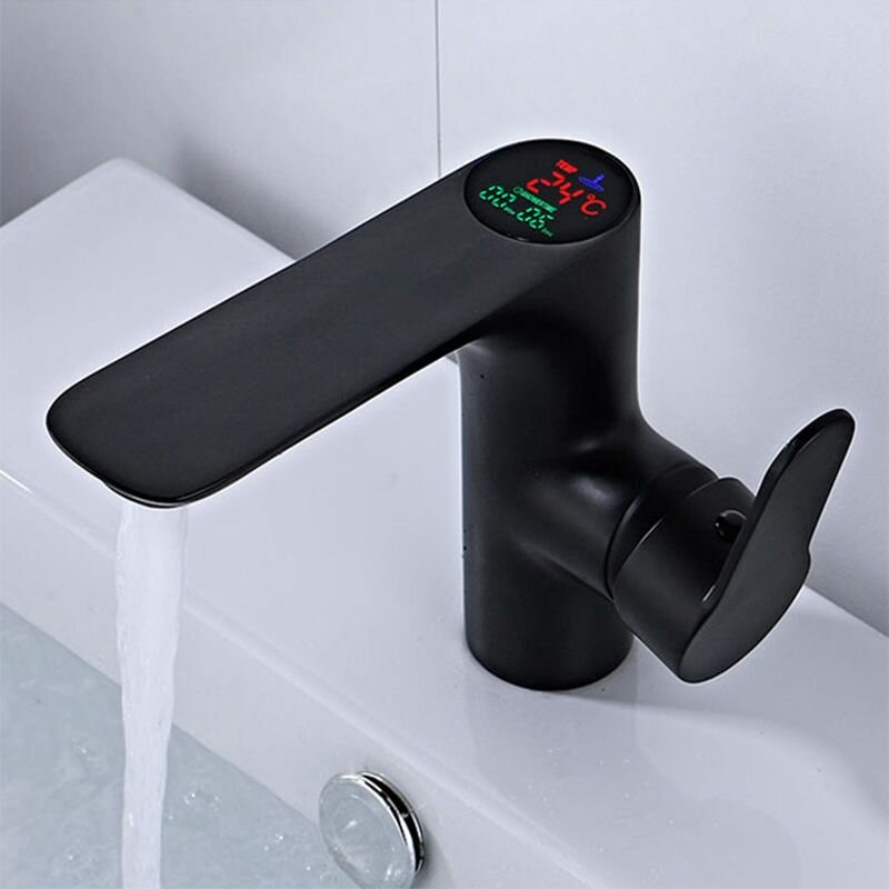 Краны для раковины с цифровым индикатором температуры/Горячие и холодные смесители из латуни/Гидроэнергетика, электричество не требуется/Черный D+F