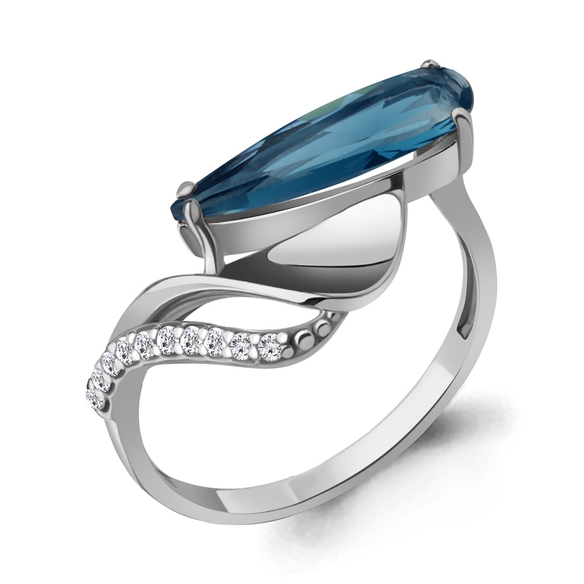 Кольцо, серебро, 925 проба, родирование, фианит, Лондон топаз