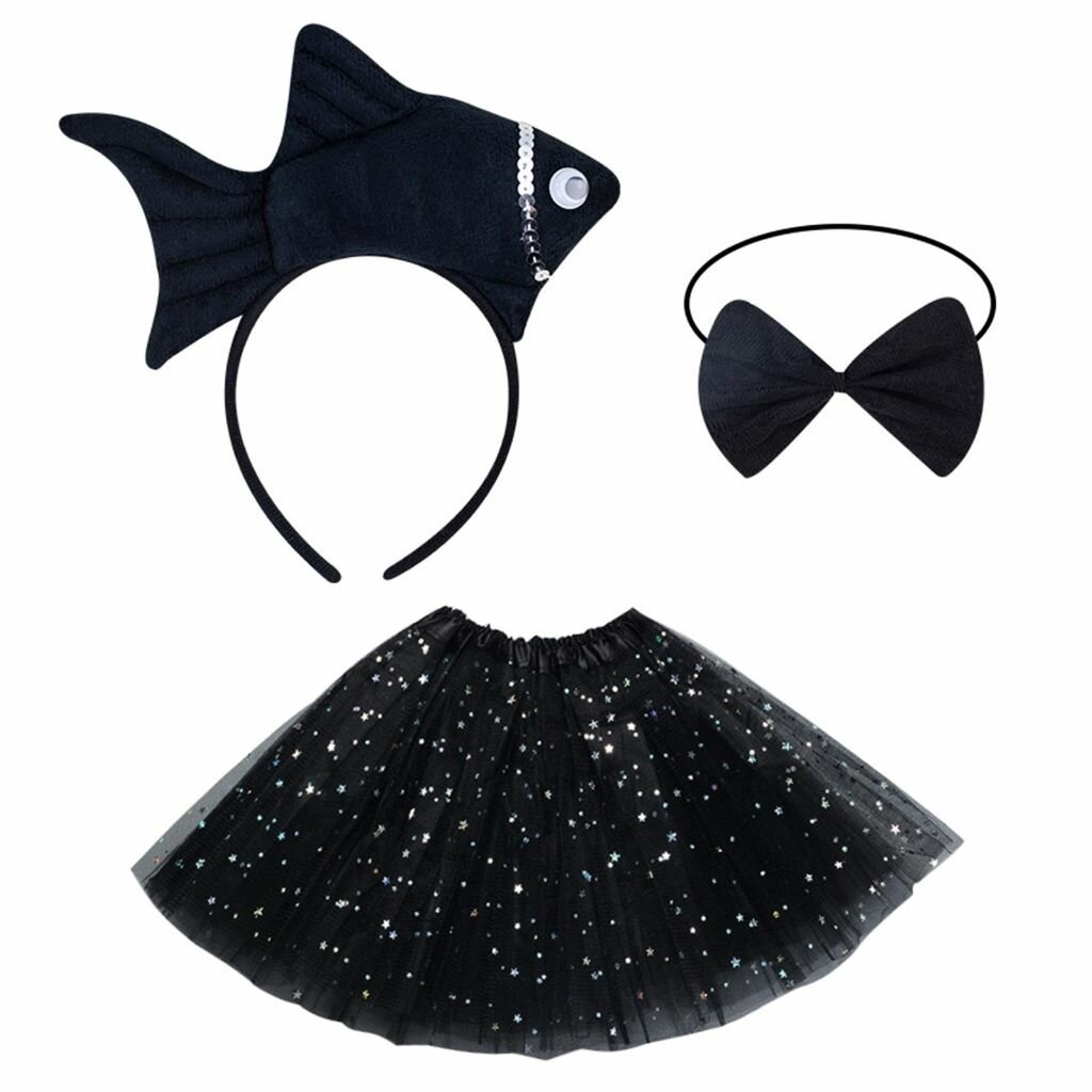 Комплект повязки на голову с изображением морской рыбки-Черная марлевая юбка галстуком-бабочкой в виде золотой рыбки