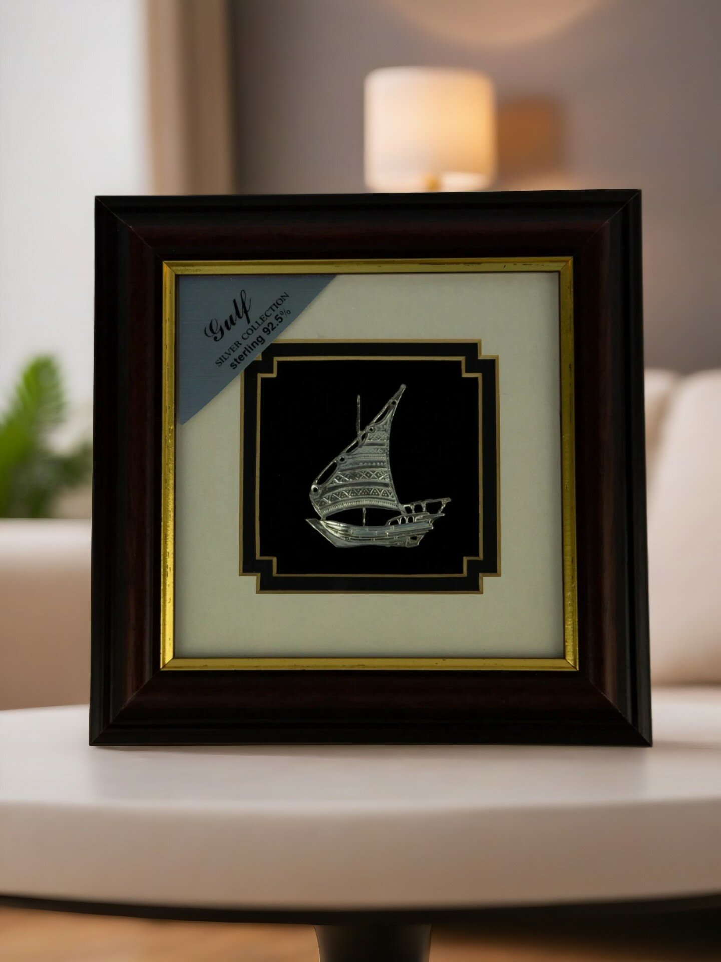 Картина с барельефом "Корабль" 18х18 см, Синий квадрат, цвет черный, серебристый, золотистый, бежевый