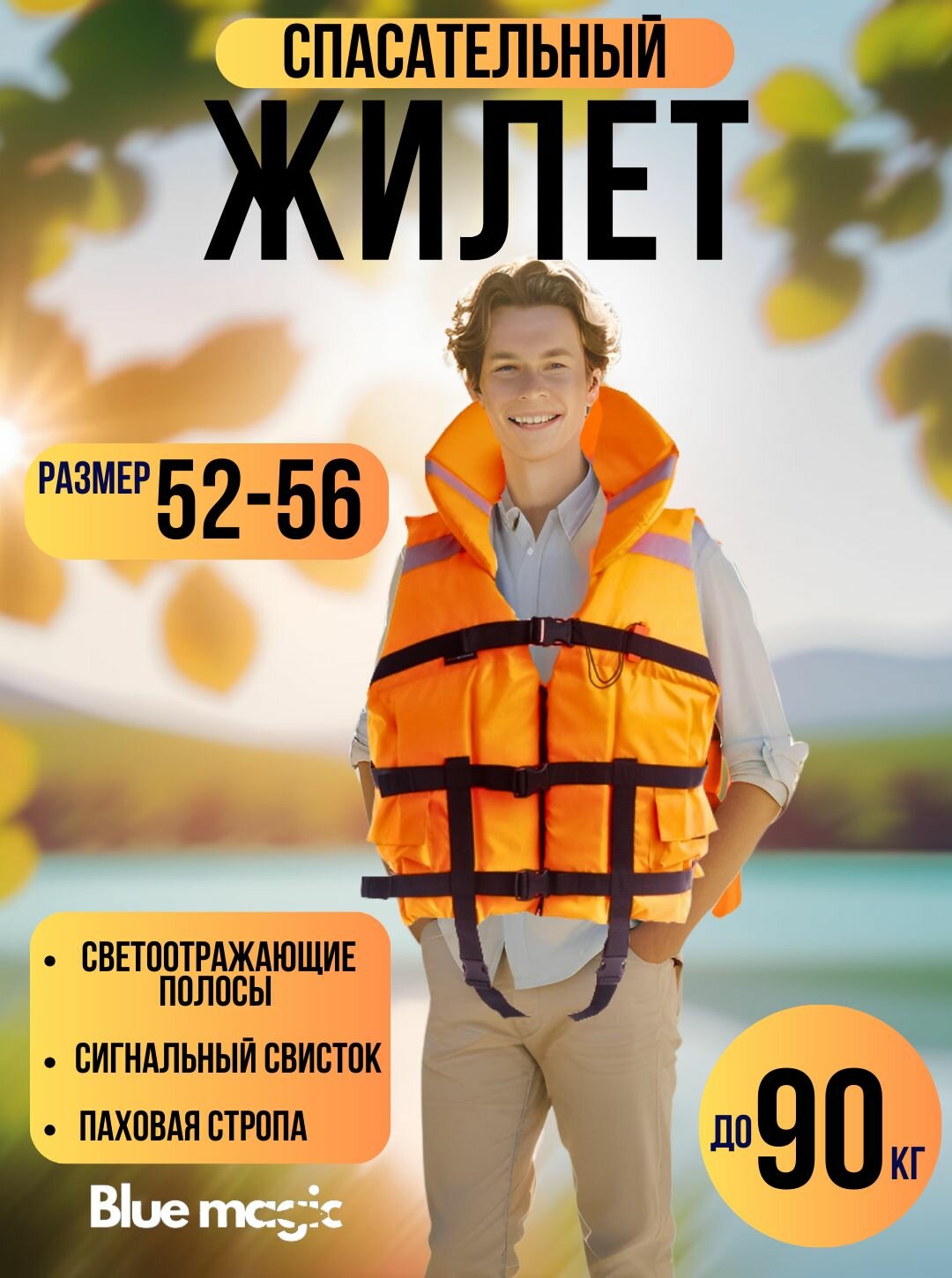 Универсальный спасательный жилет Blue Magic / Жилет спасательный детский, мужской, взрослый для рыбалки до 70-90кг размер 52-56