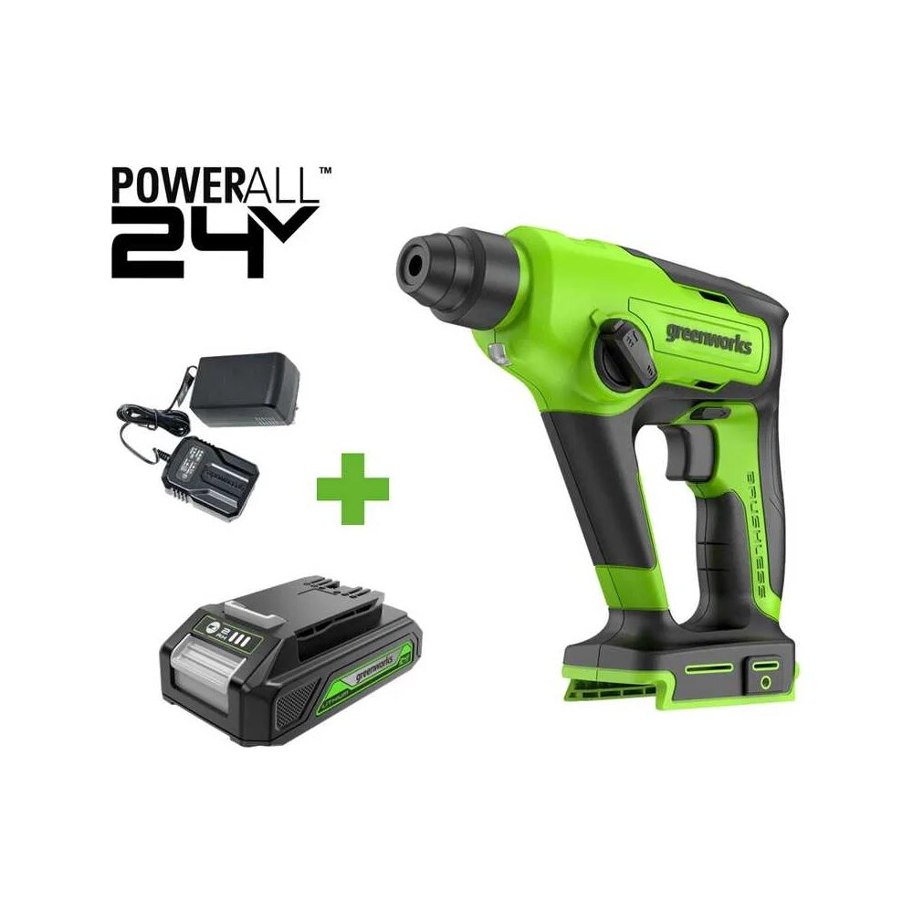 Перфоратор GreenWorks GD24SDS1, 24V, б/щет, 1.2 Дж, 4800уд/мин, 12 мм в бетоне, 1x2Ач, ЗУ, коробка