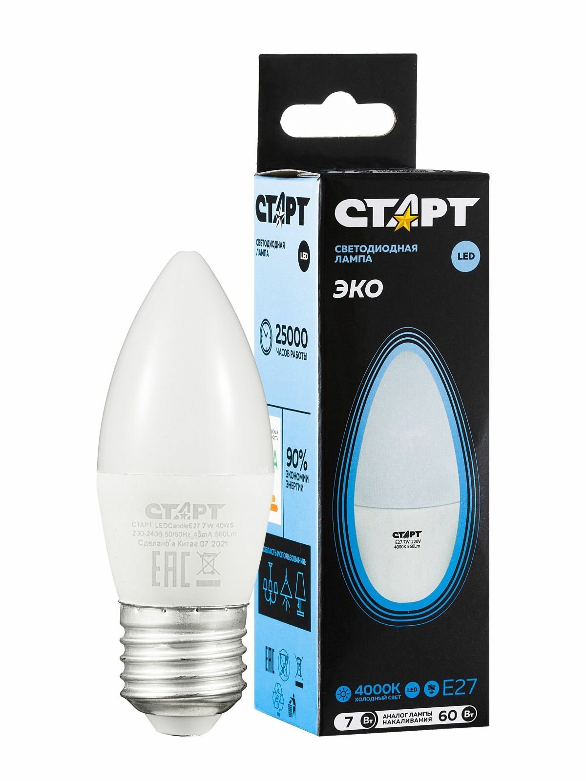 Светодиодная лампочка Старт LED Candle, размер цоколя E27, 7 В, 40 WS