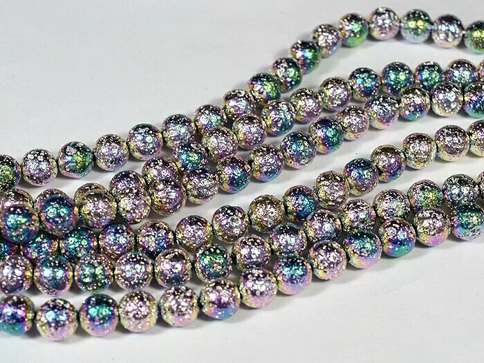 Бусины из лавы шарик 8мм цв. хамелеон серебро, 39см, 46 бусин .