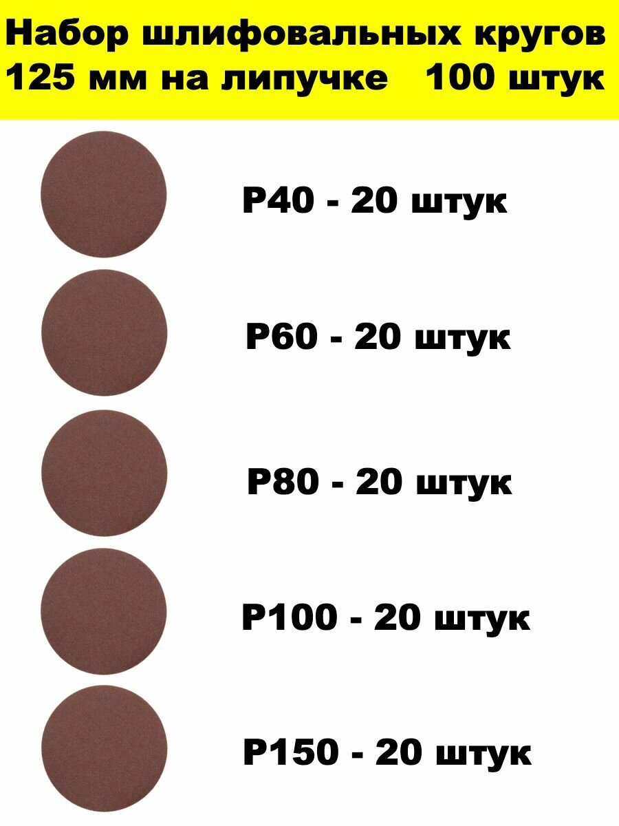 Круг шлифовальный абразивный на липучке 125 мм 100 шт. Р40, Р60, Р80, Р100, Р150
