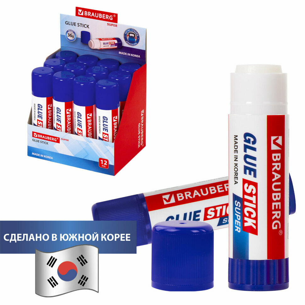 Клей-карандаш BRAUBERG SUPER, 36 г, южная корея, 229543, 229543