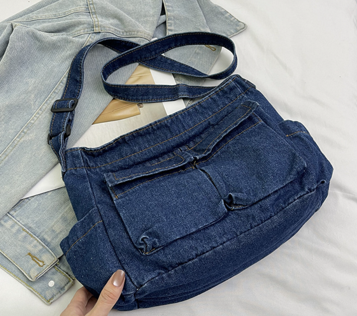 Сумка шоппер  Сумка-шоппер летний через плечо на ремне "Джинсовая с карманами" темно-синяя деним