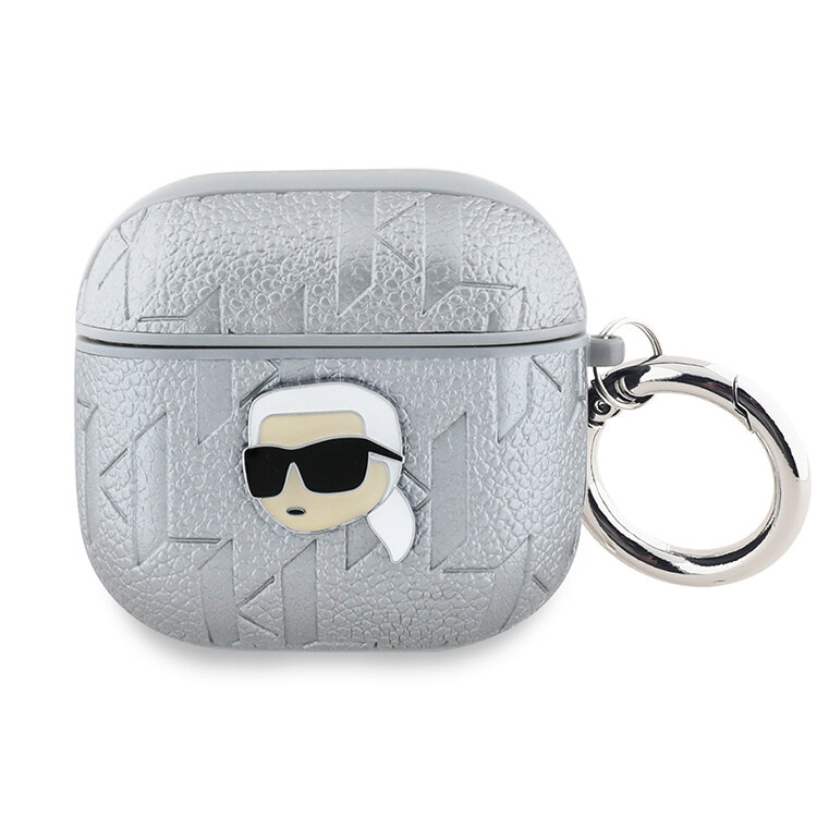 Karl Lagerfeld чехол с карабином для Airpods 4, PU кожа Saffiano Monogram NFT Metal Head Karl, серебристый