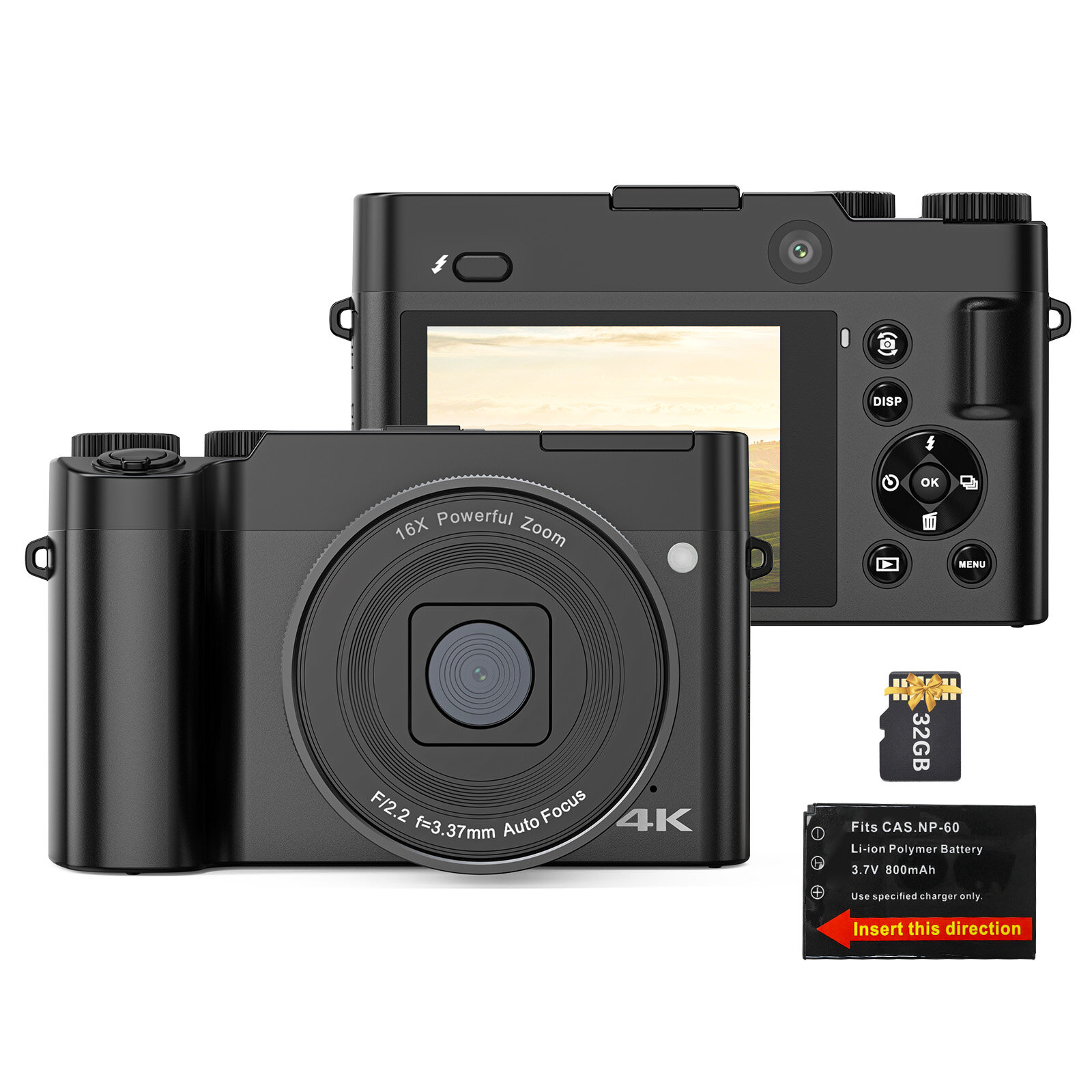 Цифровая камера 4K Видеокамера 64MP Двойная линза 2.8-дюймовый IPS экран Автофокус 16X Цифровой зум 20 Фильтровых эффектов Встроенный флэш Батарея с 32ГБ TF-картой Подарок для студентов Black 13MP CMOS 1050mAh Lithium Type-C 118*63*72mm 285g