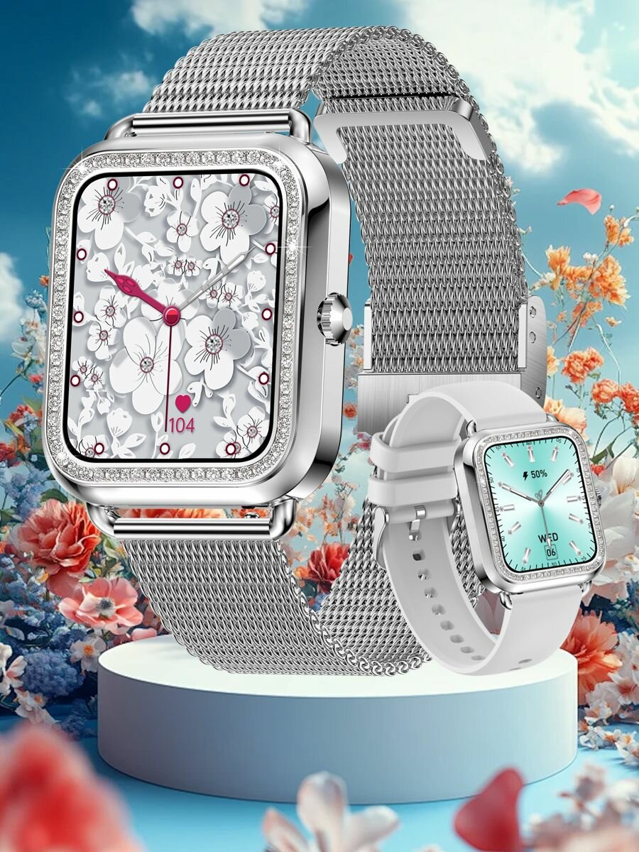 Умные часы для женщин с бриллиантами,1.57' HD сенсорный экран, фитнес-трекер с пульсом, кислородом крови, монитором сна функциональность