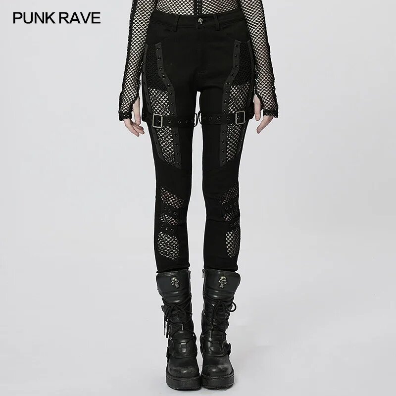 Женские брюки PUNK RAVE с сеткой и пряжками, размер M