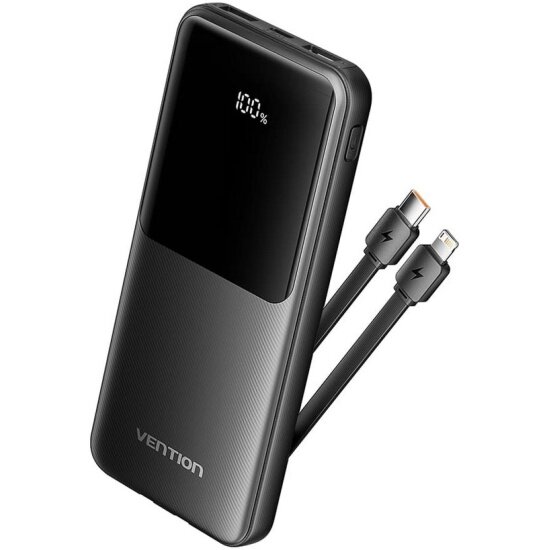 Внешний аккумулятор Vention 10000mAh(Micro-USB/C/A/A) со встроенными кабелями 22.5W с LED дисплеем чёрный