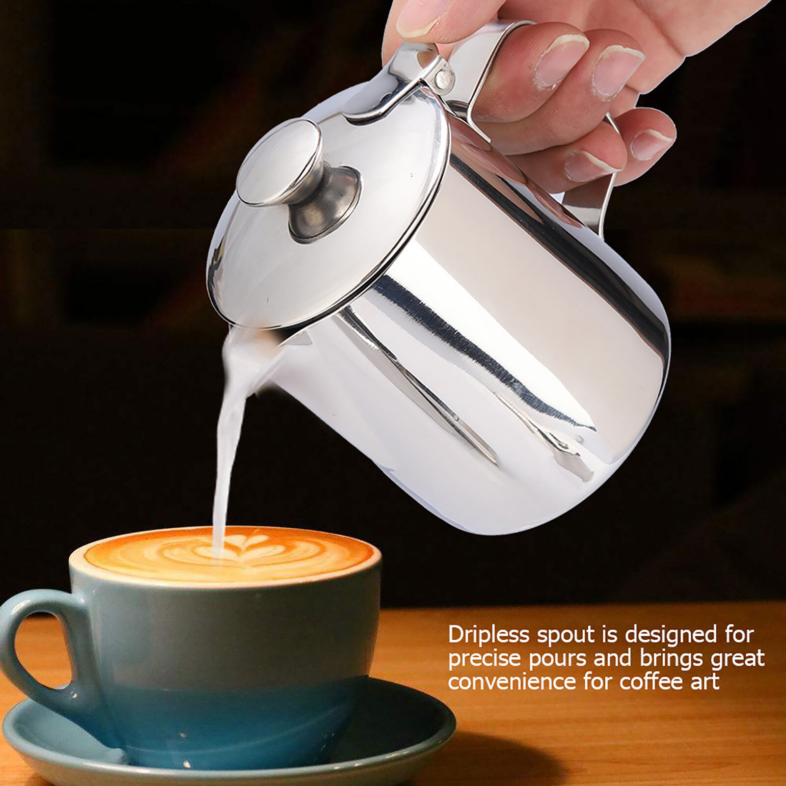 Кружка из нержавеющей стали для кофе с крышкой для вспенивания молока Latte Coffee Art, объем 2000ml, материал 201 нержавеющая сталь, цвет серебристый, пригодна для дома, кафе, бара, ресторана, отеля