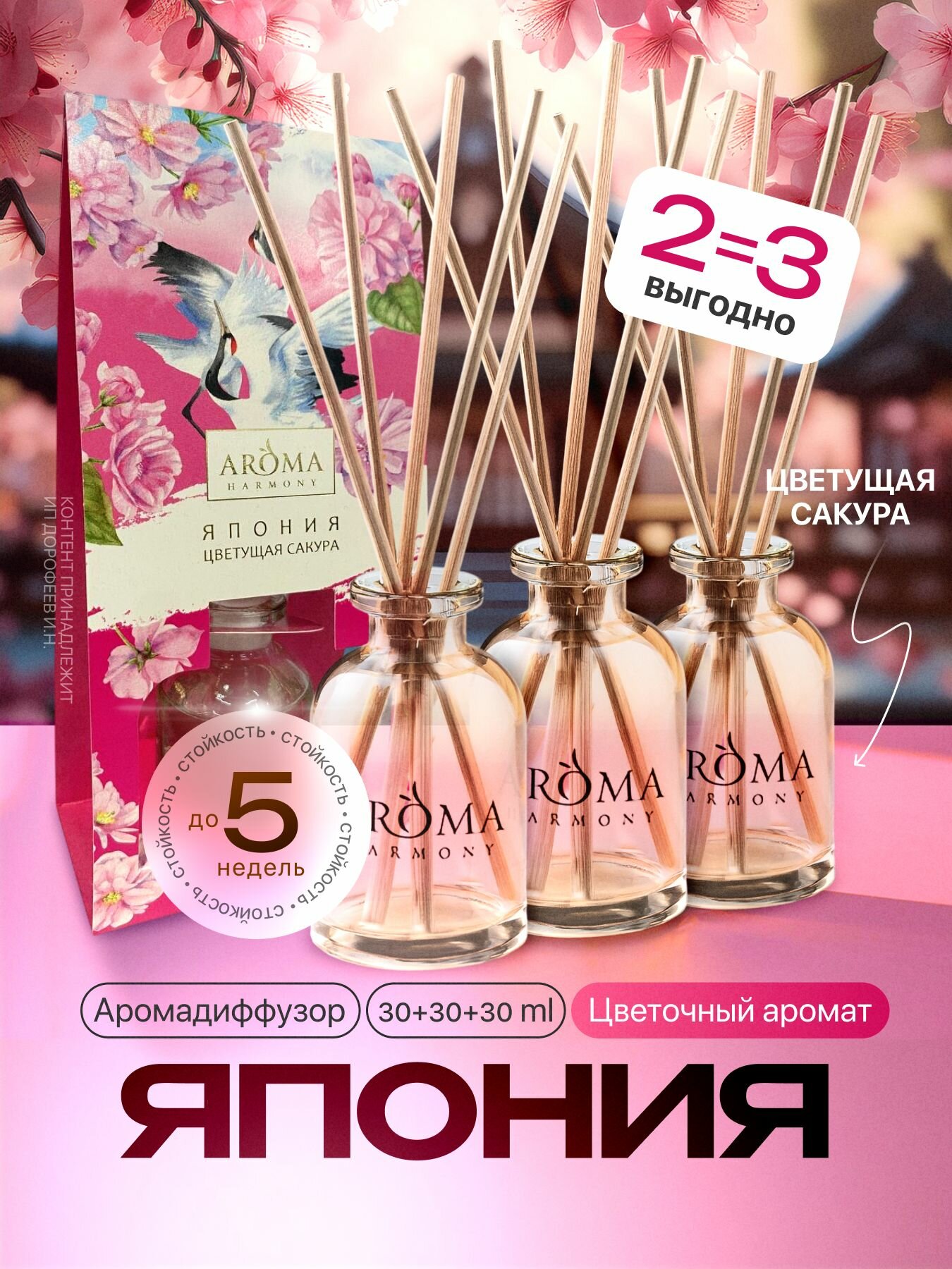 Диффузор для дома, ароматизатор с палочками Aroma Harmony страны Япония, 3 штх30 мл