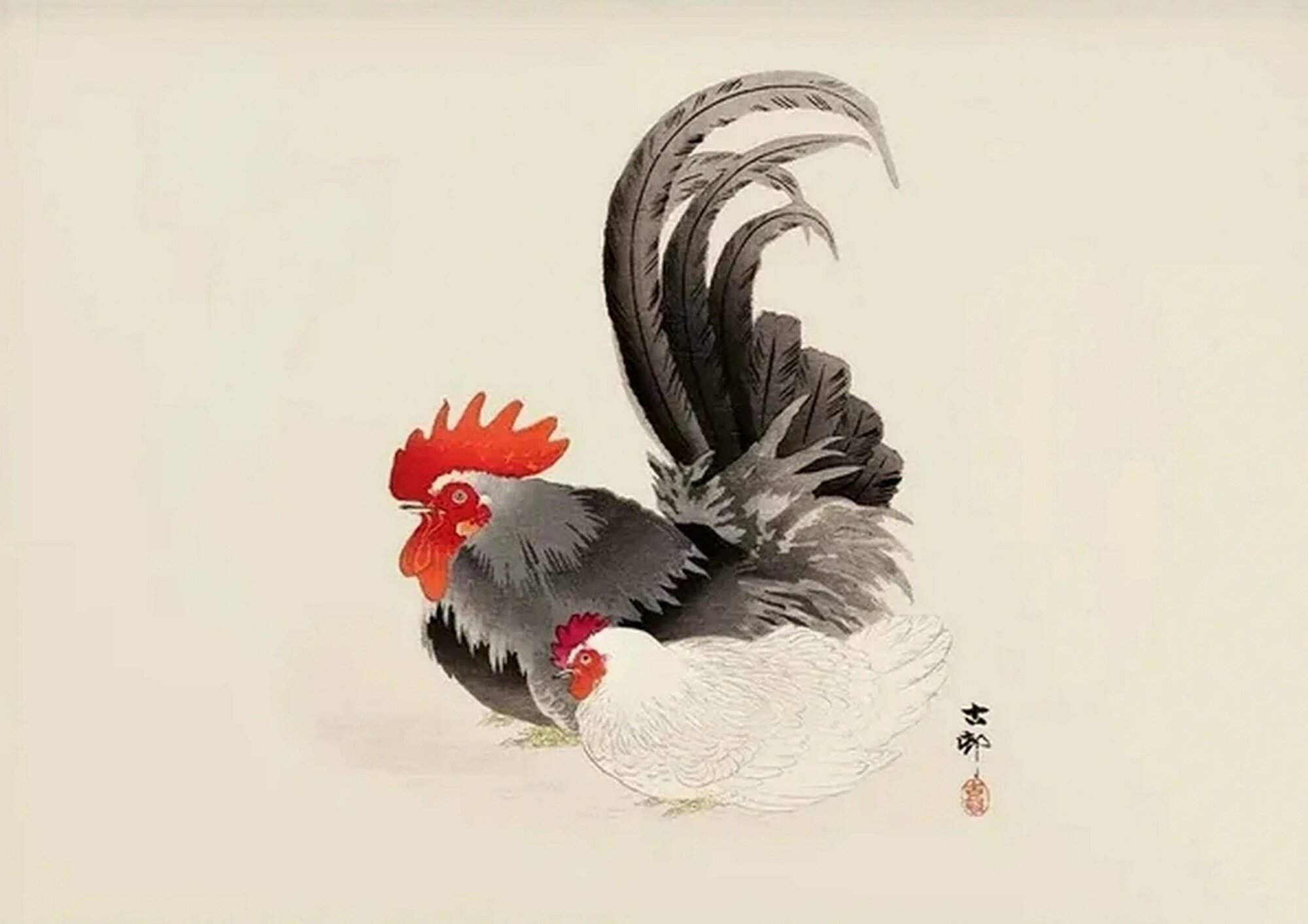 Плакат, постер Укие-э 1800х курица и петух на бумаге, размер 21х30см