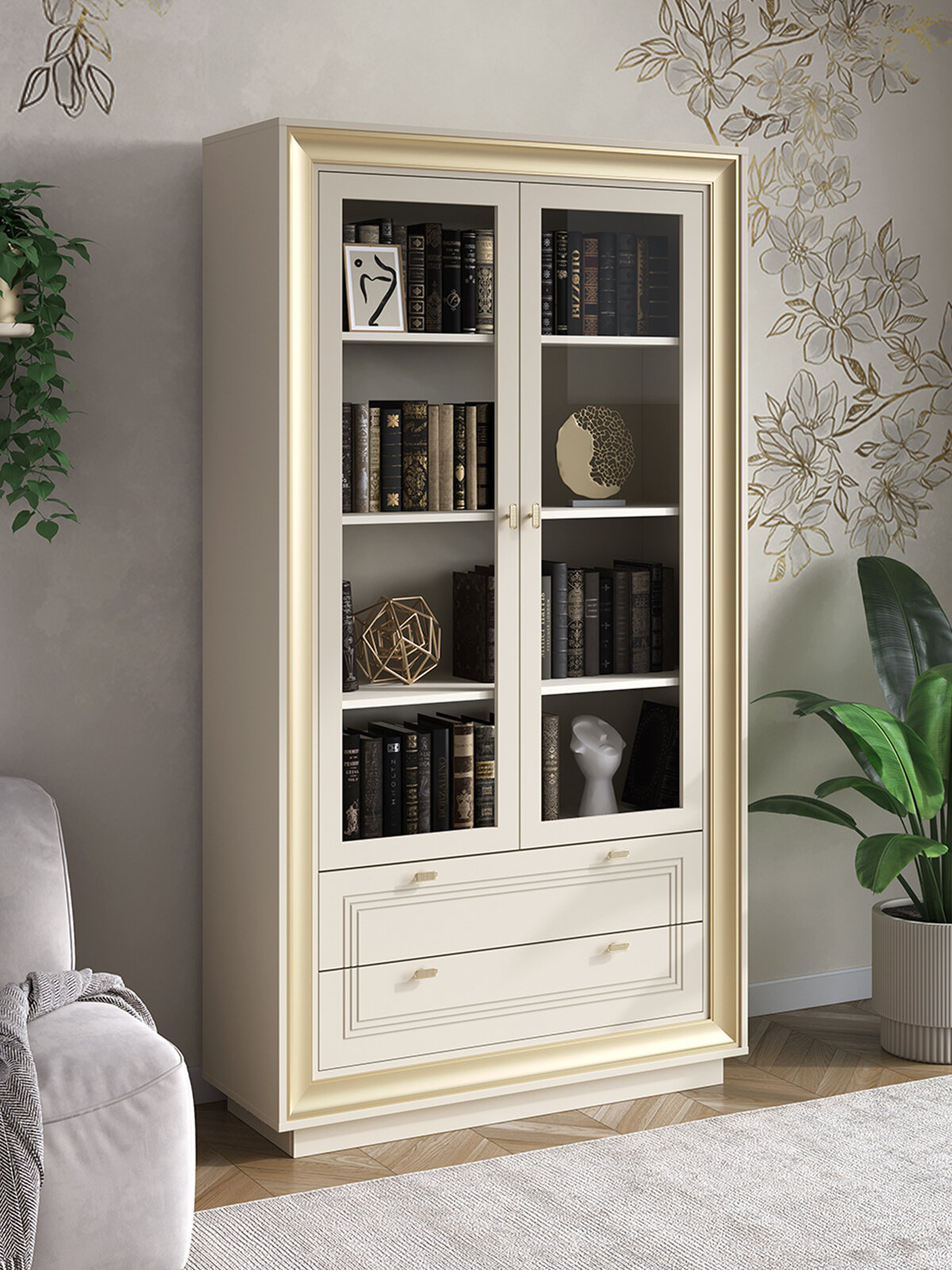 Шкаф витрина Кураж Прато двухдверная, с ящиками 110х42,4х202 бежевая, золото