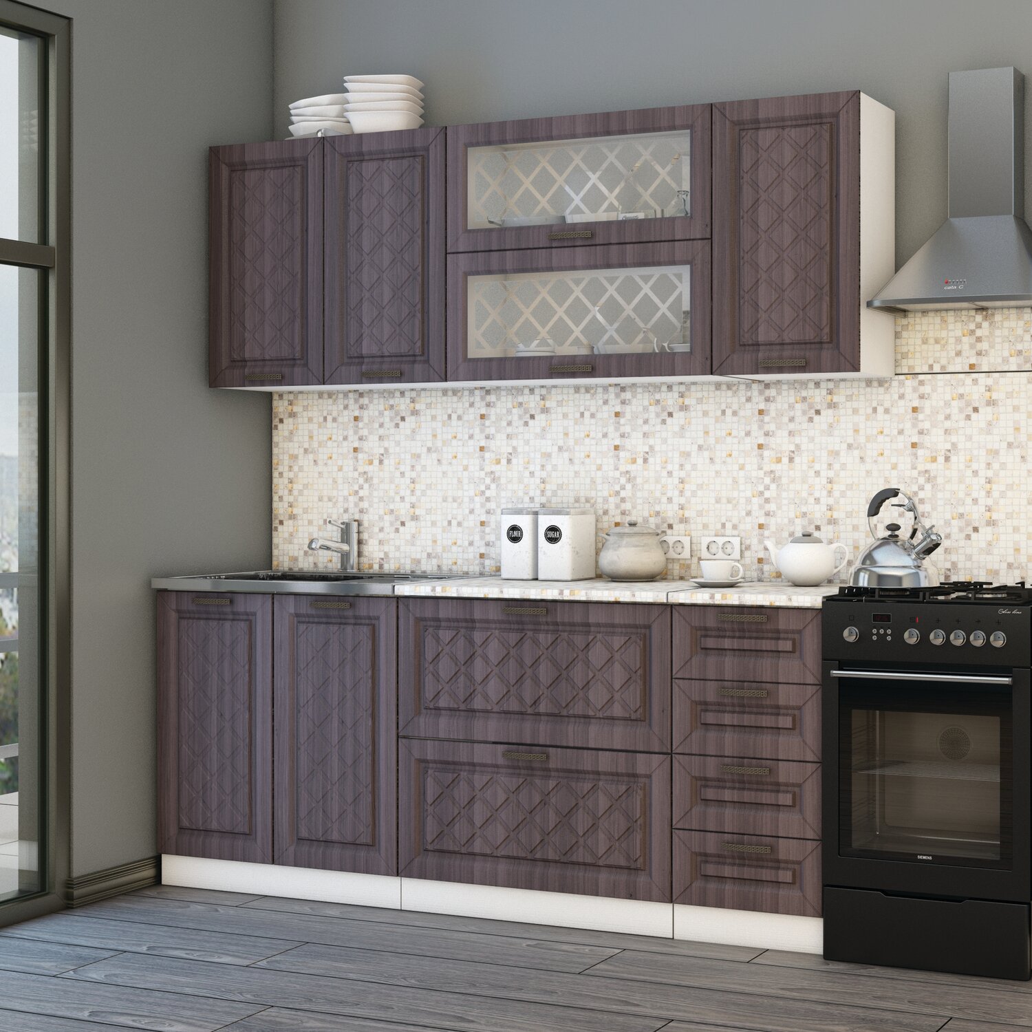 Кухонный гарнитур, кухня, готовый комплект Агава 2 метра Лиственница тёмная с горизонтальными ящиками.