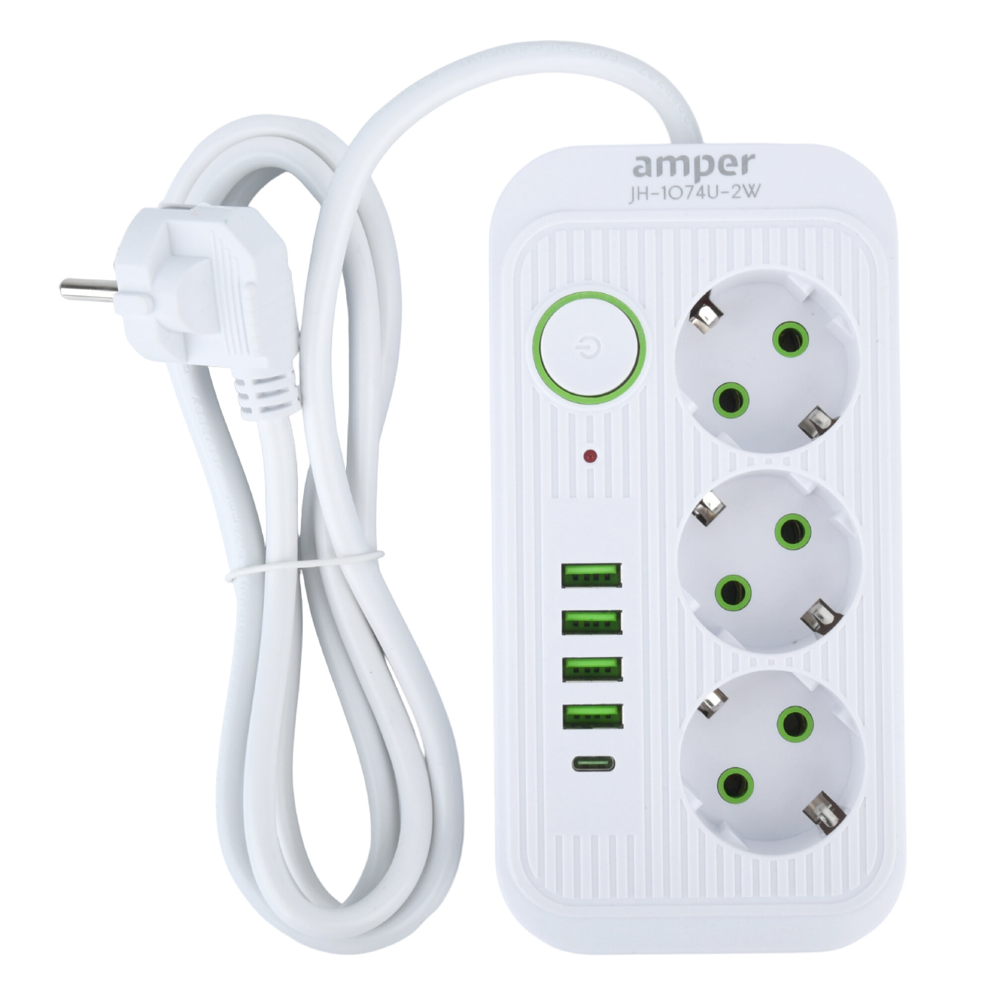 Сетевой удлинитель Amper, 2,0м, 3 розетки, 3*0,75мм, 10А, 2500 Вт, 4usb, 1Type-C, белый.