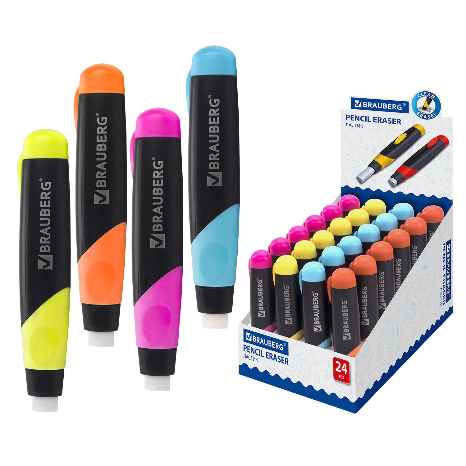 Ластик выдвижной BRAUBERG "REWIND", 112х21х24 мм, белый, пластиковый держатель ассорти, 223593 (цена только за 1 шт.)