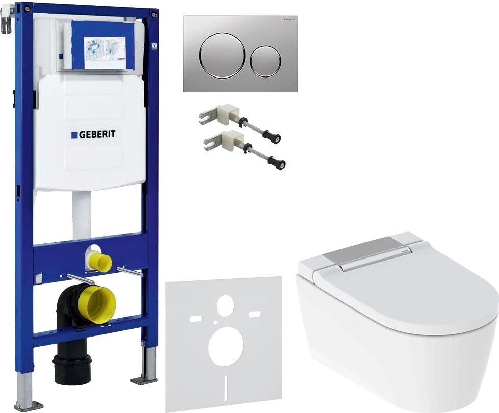 Комплект Унитаз подвесной Geberit AquaClean Sela вставка глянцевый хром / Крепления к стене / Шумоизоляция, Инсталляция UP 320 111.300.00.5, Кнопка Sigma черная