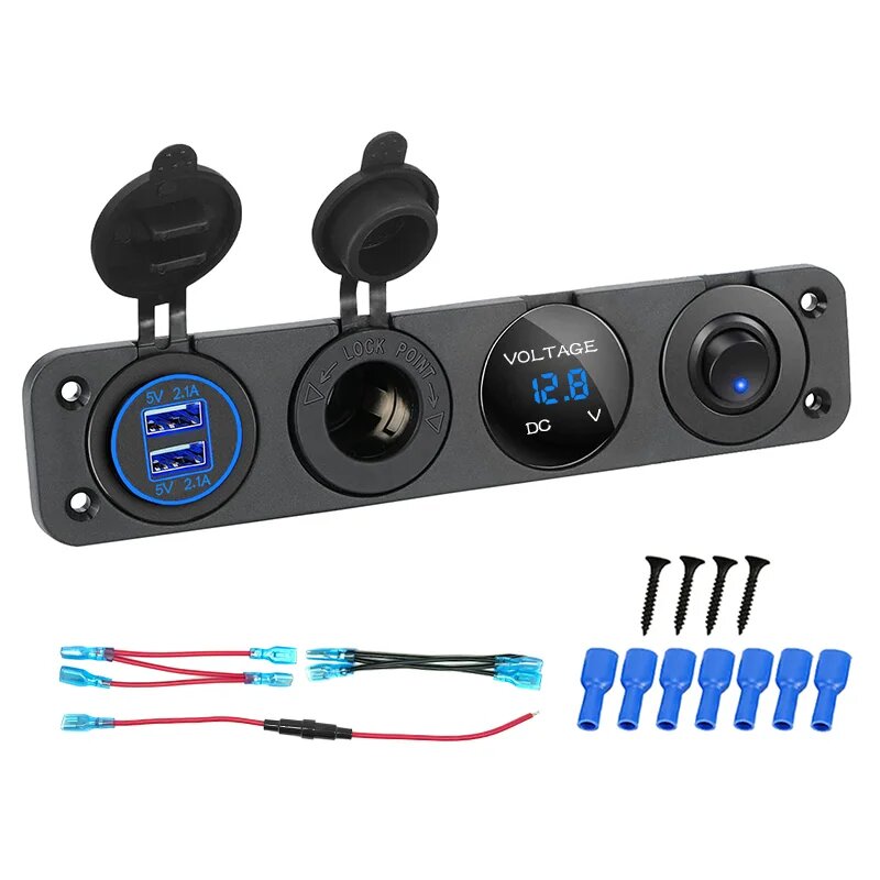 Панель морского переключателя 4 в 1, 12 В, двойная USB-разъем для зарядного устройства, розетка, светодиодный вольтметр, прикуриватель, кнопка включения и выключения, Blue set with wire