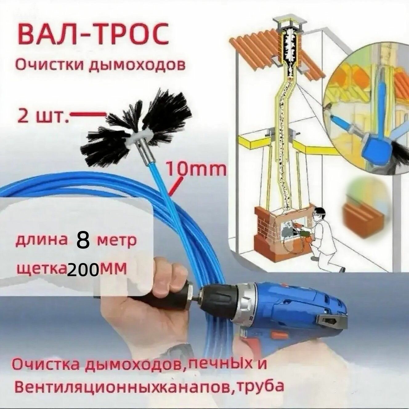 Вал-трос для механической чистки дымоходов и вентиляции. Длина 8 м. щетка диаметр 200 мм.