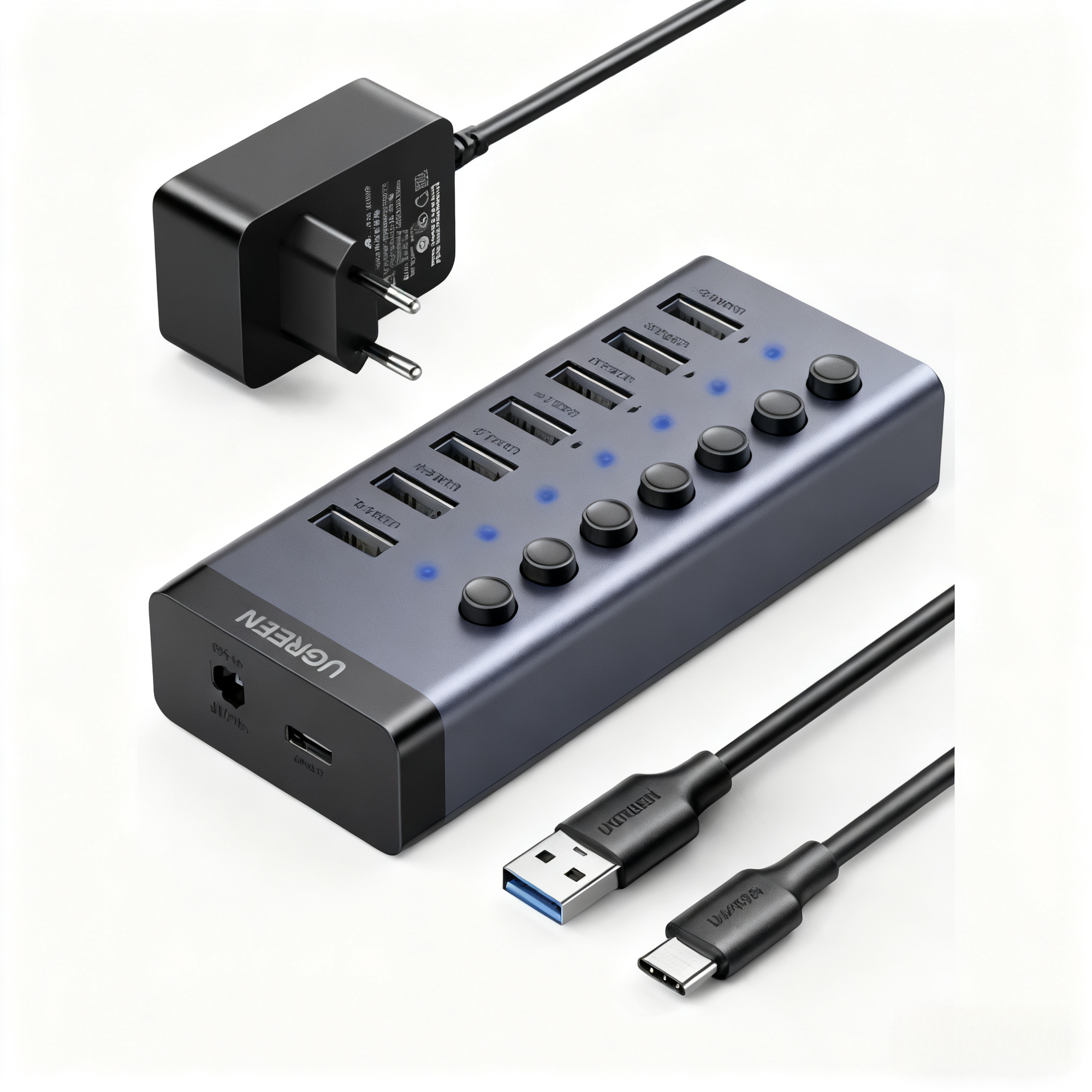 UGREEN CM481 (90307) USB-C to 7-Port USB-A 3.0 Hub DC 12V EU. Цвет: черный