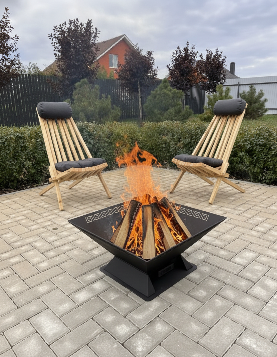 Костровая чаша, сталь 4 мм, в греческом стиле, с крышкой и выдвижным зольником.