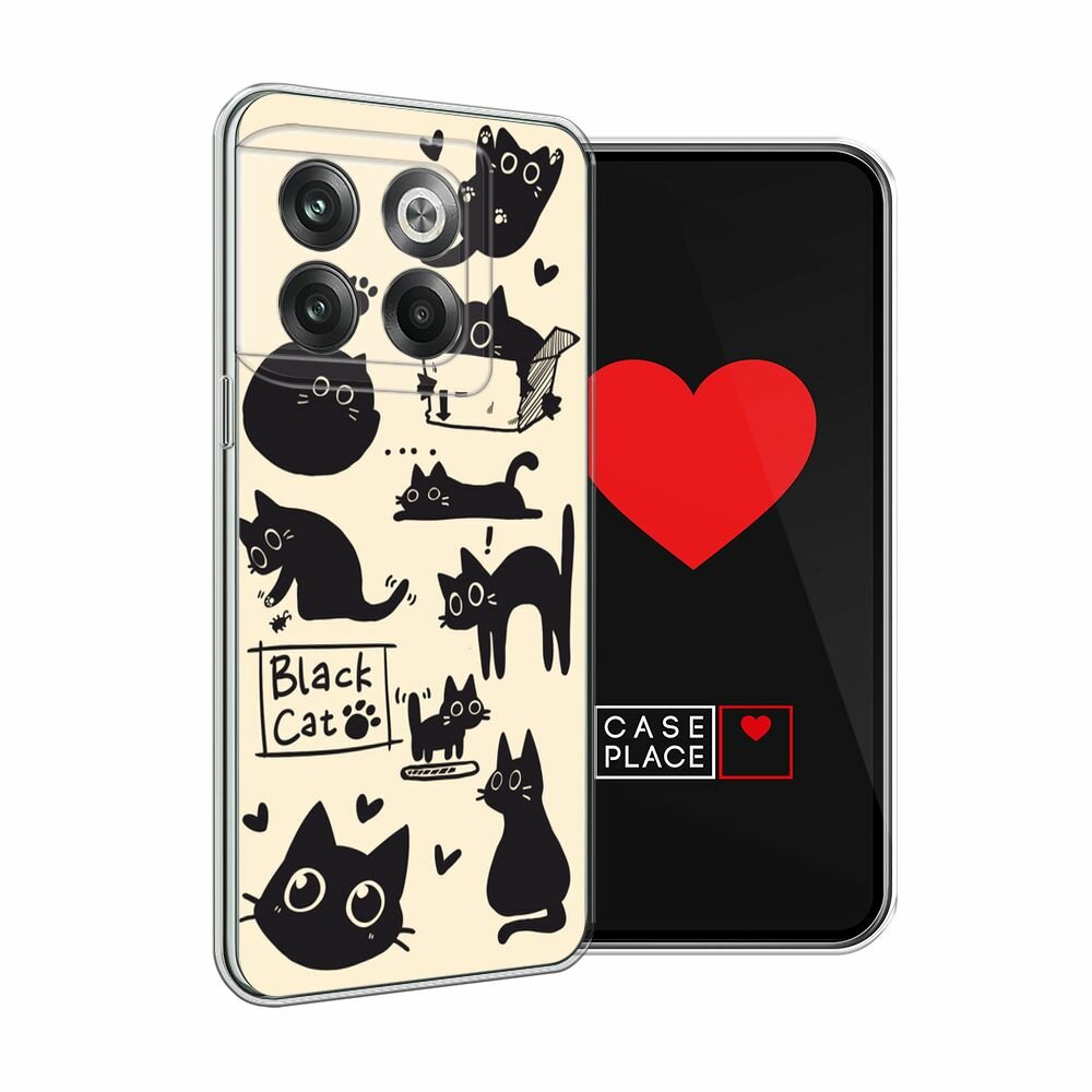 Чехол на OnePlus 10T / Ван плюс 10T с принтом "Чёрный котик рисунки" — фото 1