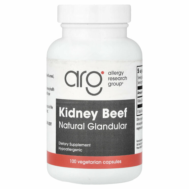 Allergy Research, Kidney Beef Natural Glandular, бычьи почки, 500 мг, 100 растительных капсул