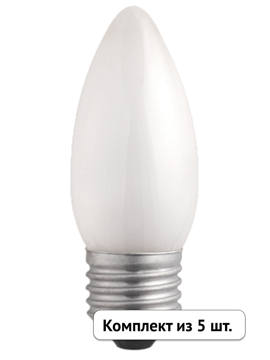 Лампочка накаливания Jazzway 60Вт, 550Лм, 2700К, E27, В35, теплый белый свет, матовая свеча (комплект из 5 шт.)